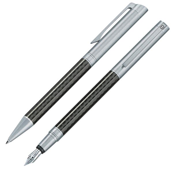 Set Senator Carbon Line stilou si pix corp metalic argintiu si fibra de ...