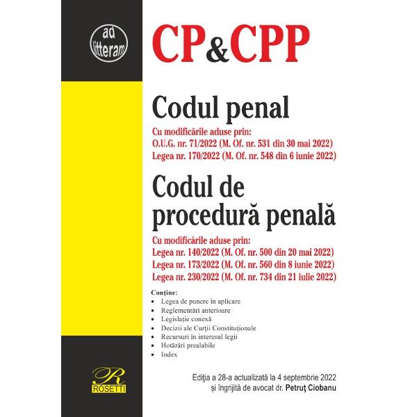 Codul penal. Codul de procedura penala 4 septembrie 2022 - Colectiv redactional - Libraria CLB