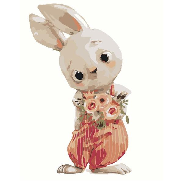 "Set de pictura pe numere 40x50 cm - Iepuras cu flori, panza pe rama de ...